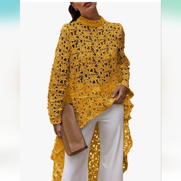 Tops | Elegant Golden Yellow High Low Lace Womens Tunic Overlay Top ...